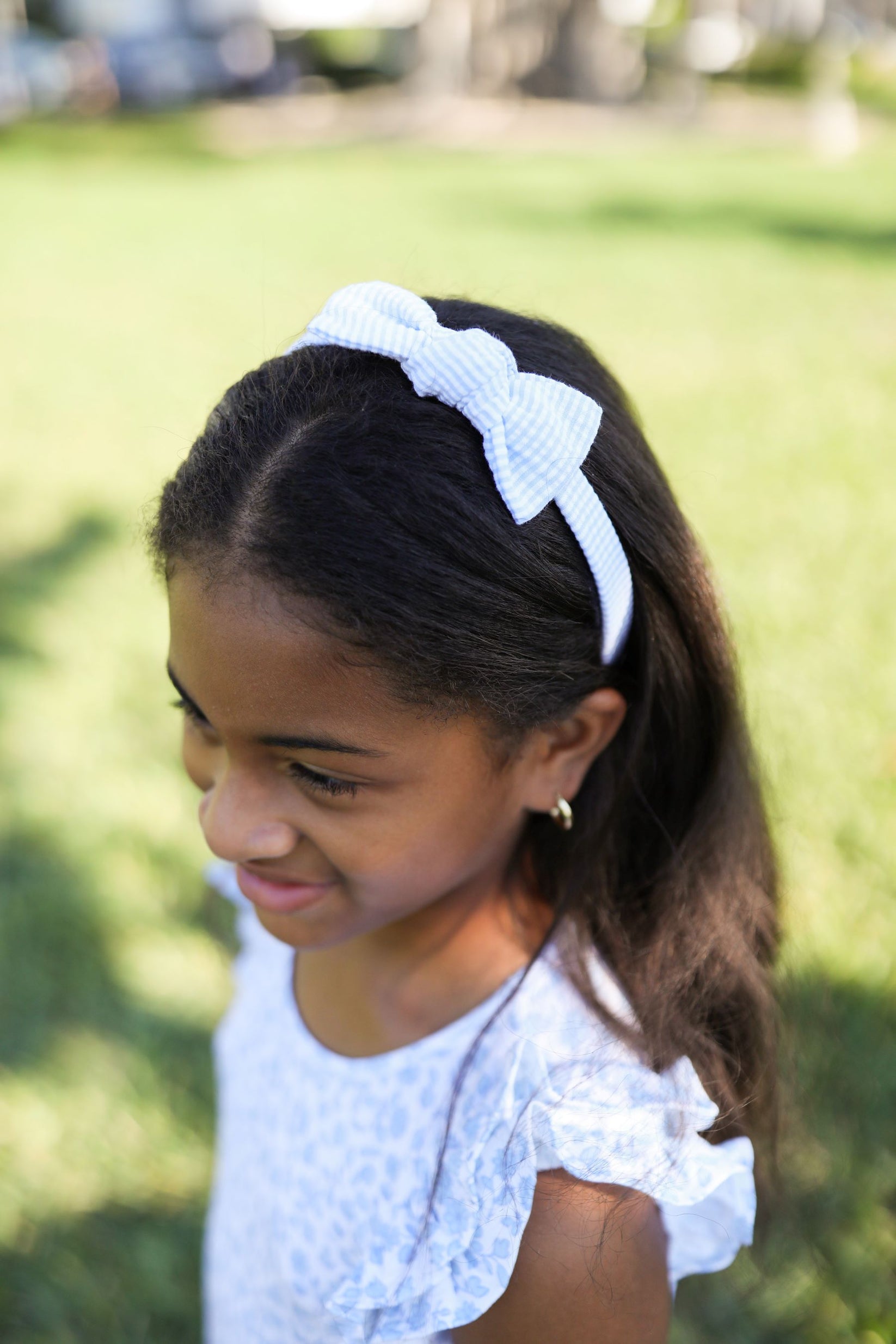 Seersucker Bow Headband in Blue/White – Bits & Bows